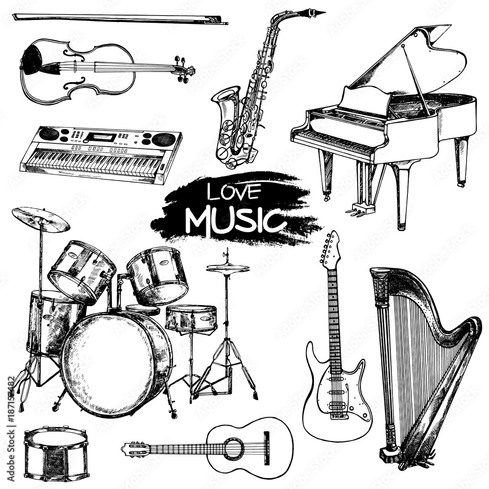 Hand drawn sketch style musical instruments. Vector illustration ...