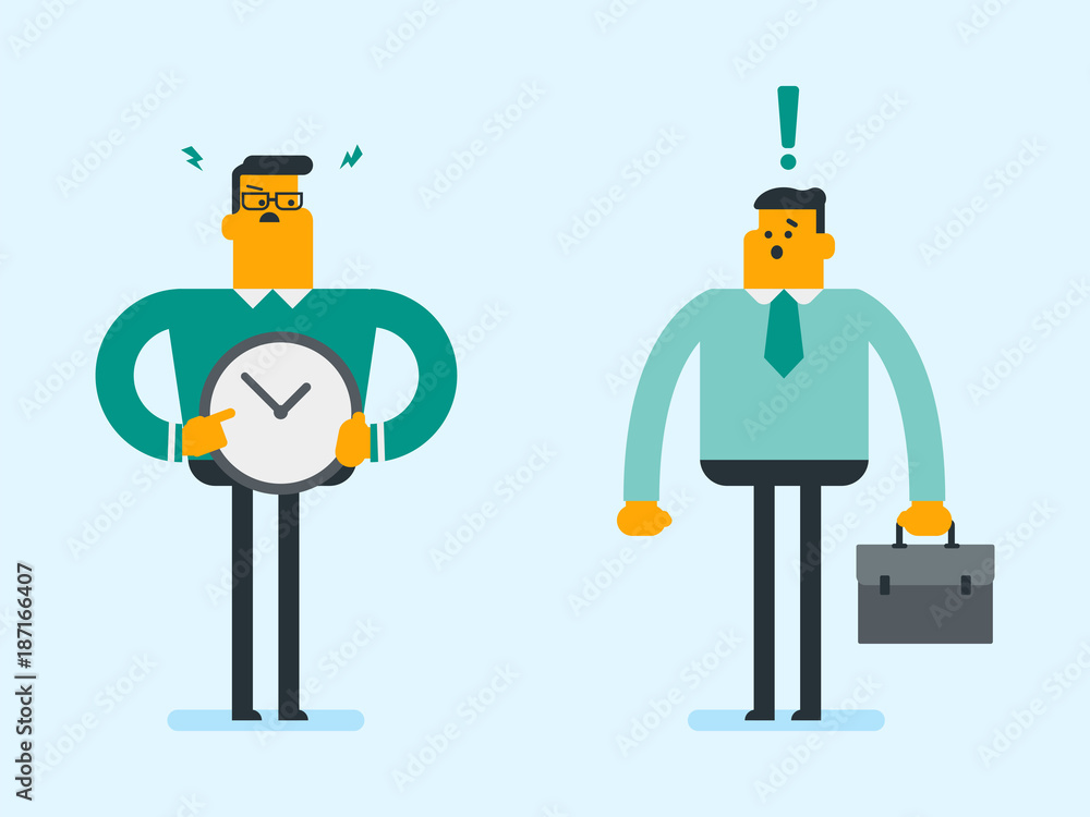 Young angry caucasian white employer pointing to time on the clock ...