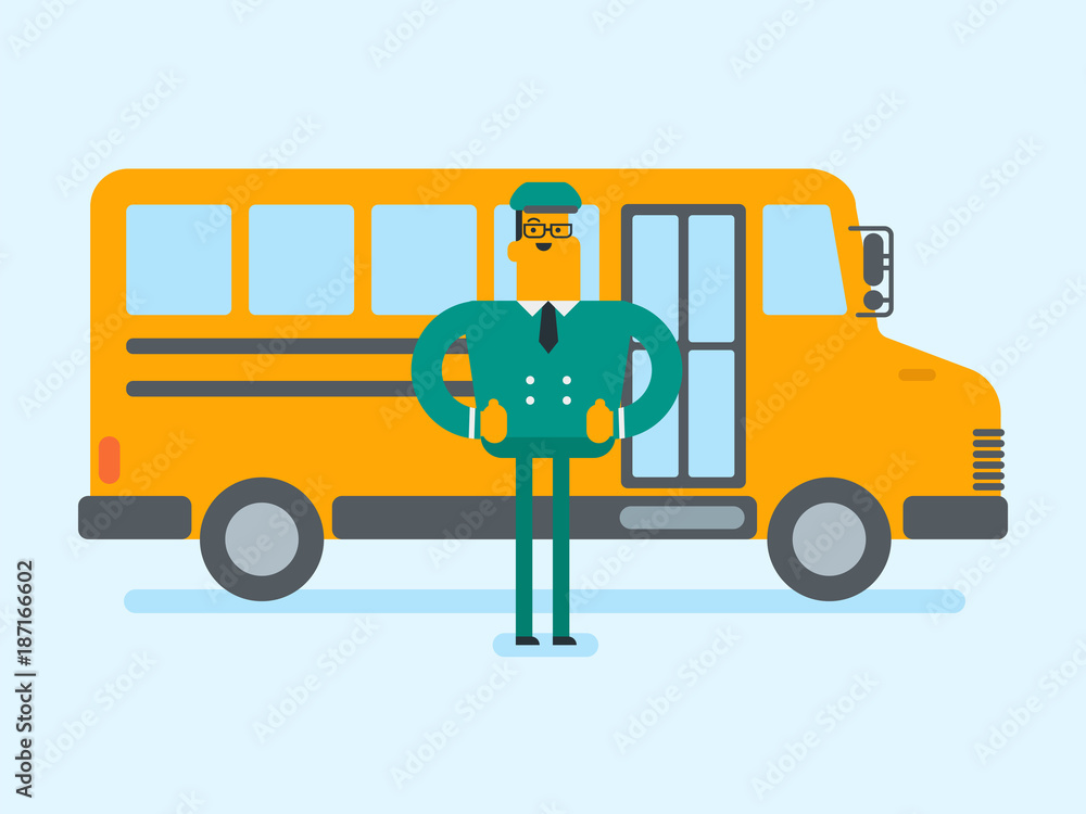 Full length of young cheerful caucasian white school bus driver in ...