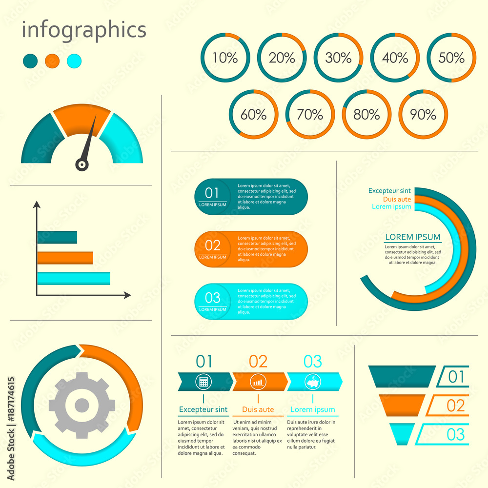 Infographics set with charts, graphs, step by step arrows, circle chart ...