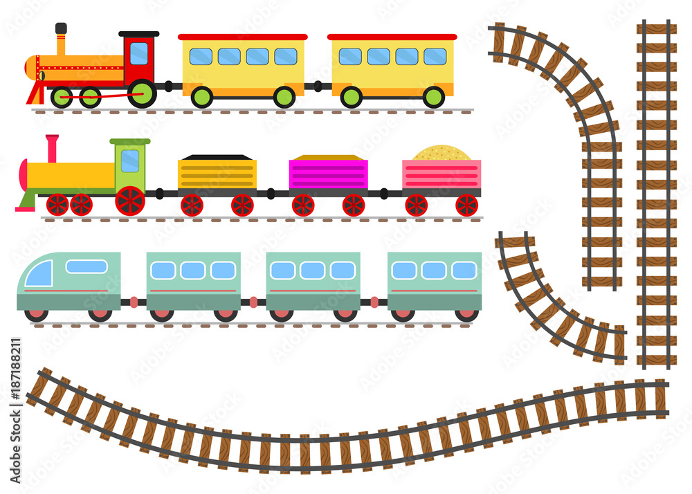 Cartoon train with wagons and railway. The toy train goes by rail ...