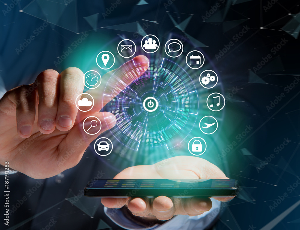 Home button of a technology interface surrounded by application ...