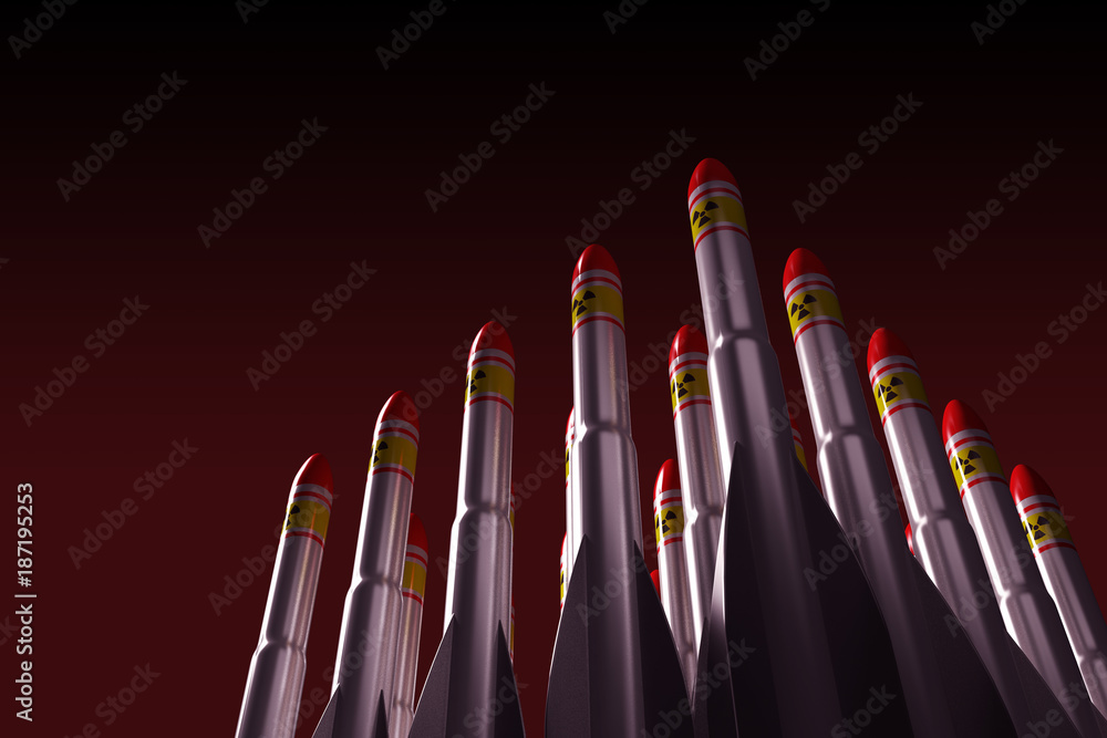 Combat rockets with the symbols of the atomic weapon displayed in a row ...