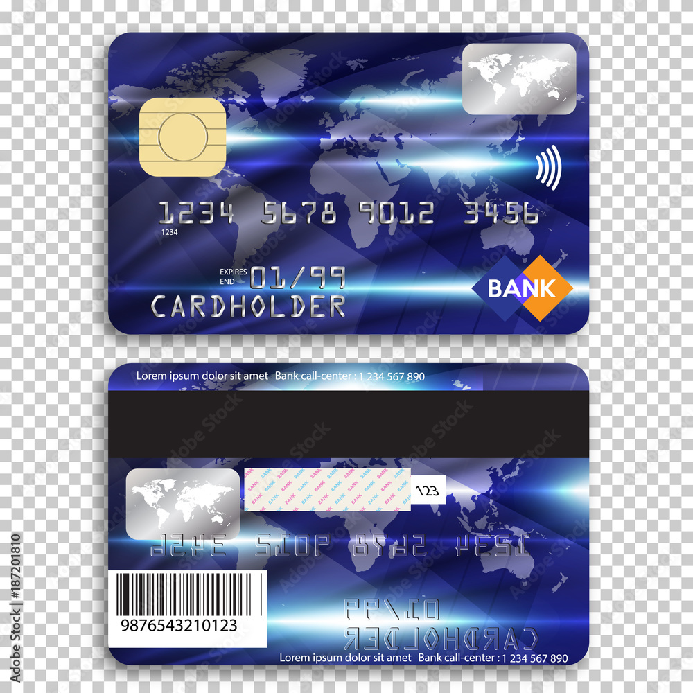Realistic detailed credit card. Front and back side. Vector ...