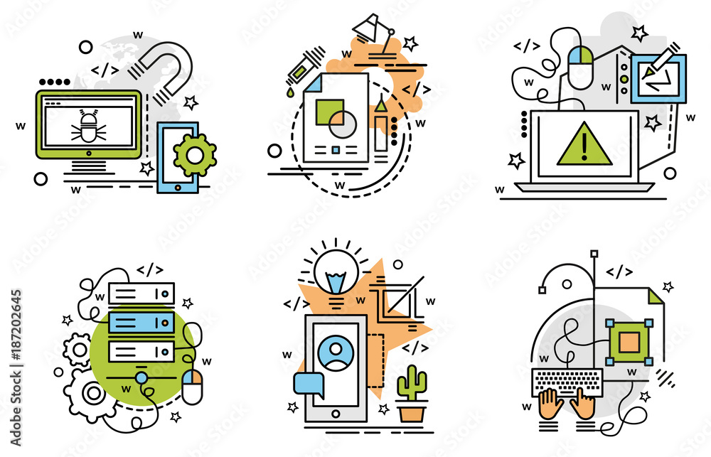 Set of outline icons of Development..Colorful icons for website, mobile ...