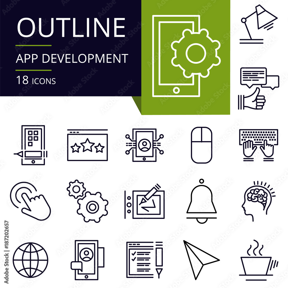 Set of outline icons of APP Development..Modern icons for website ...
