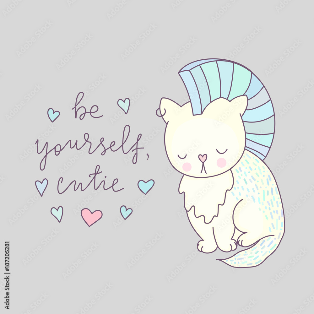 Cute cat vector illustration, be youself - lettering, animal drawing ...