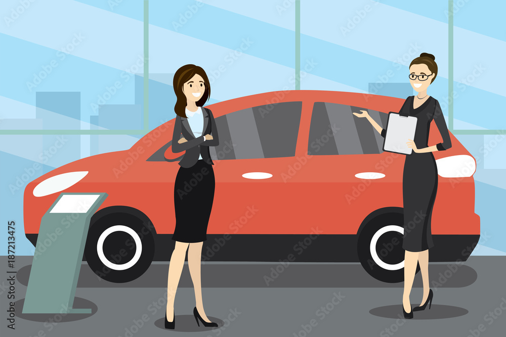 cartoon caucasian woman seller at the car showroom shows the vehicle ...
