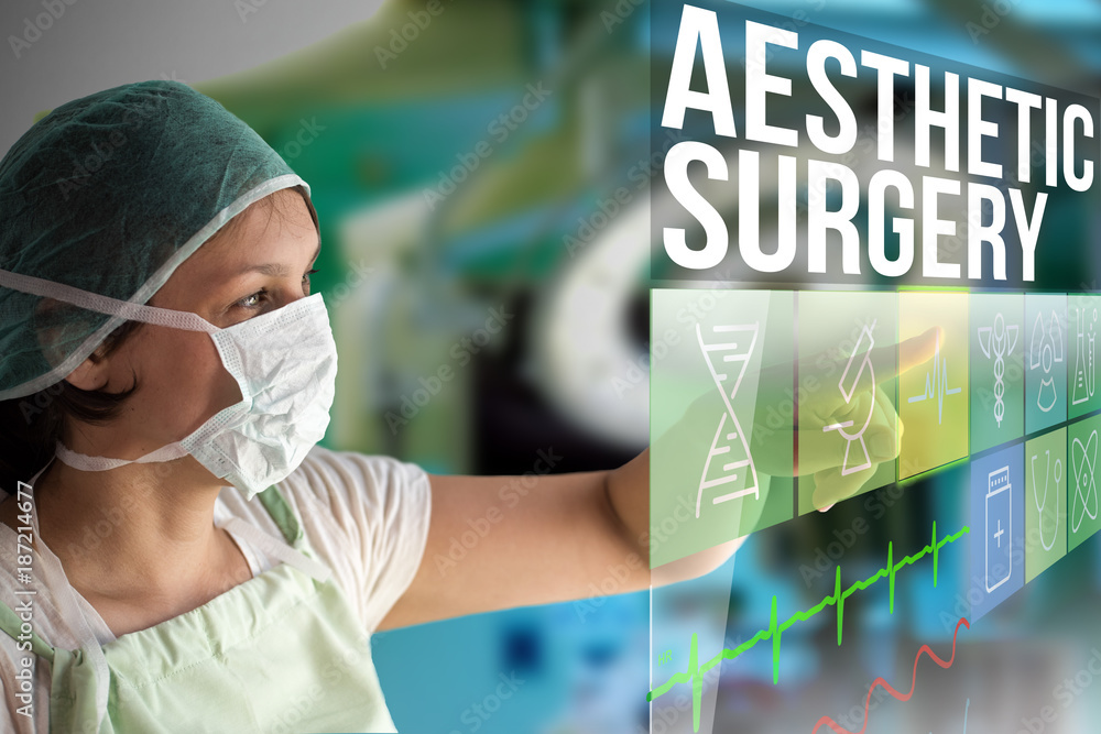 Aesthetic surgery concept. Doctor using a futuristic touch screen ...