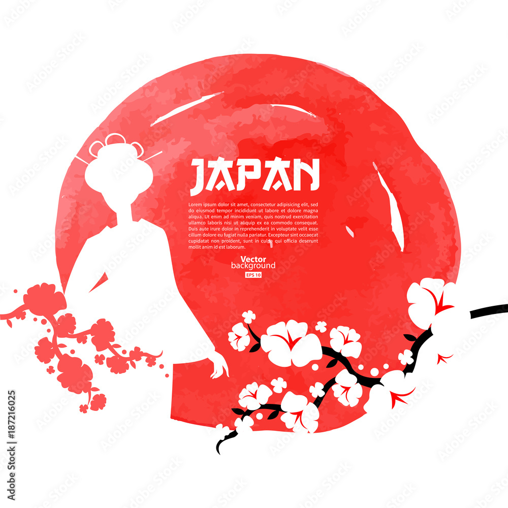 Hand drawn Japanese cherry illustration. Sketch and watercolor template ...