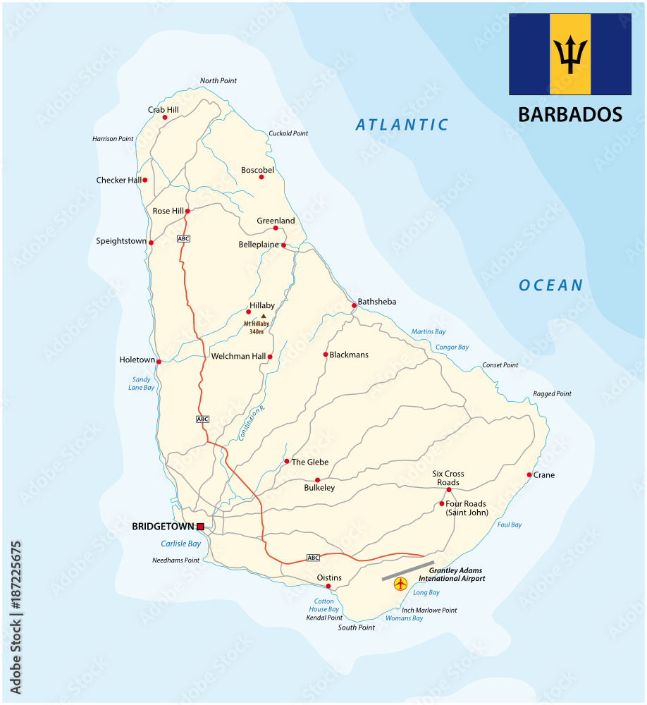 barbados road vector map with flag Stock Vector | Adobe Stock