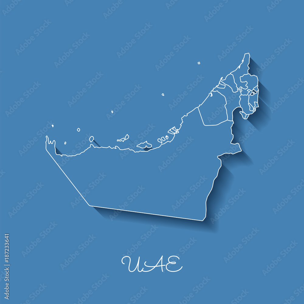 UAE region map: blue with white outline and shadow on blue background ...