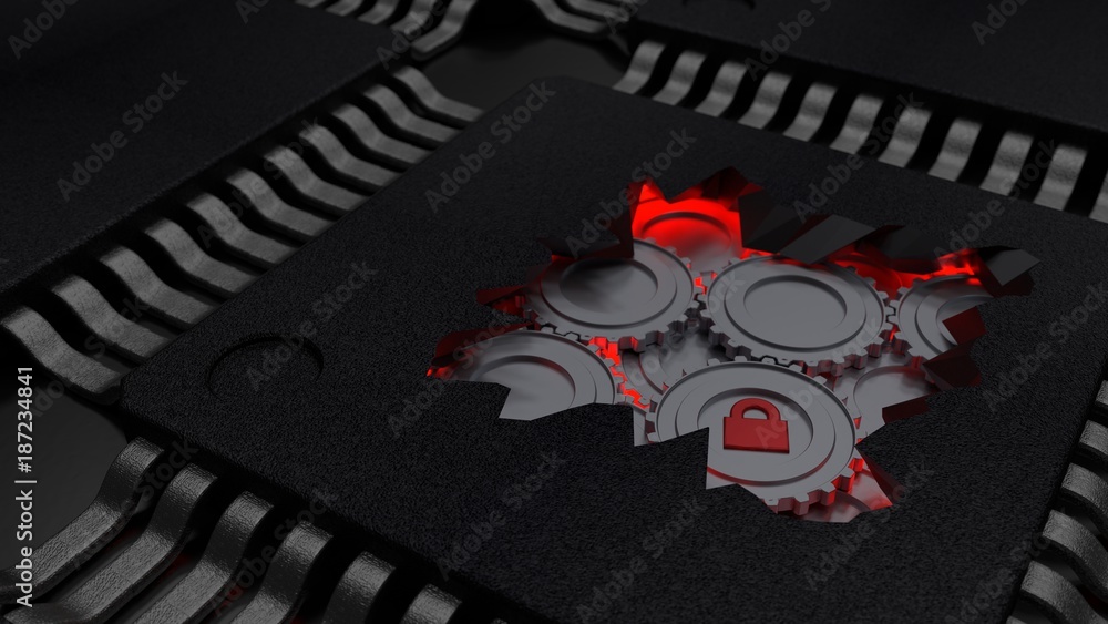 Cracked open CPU reveals red gears mechanism cybersecurity concept 3D ...