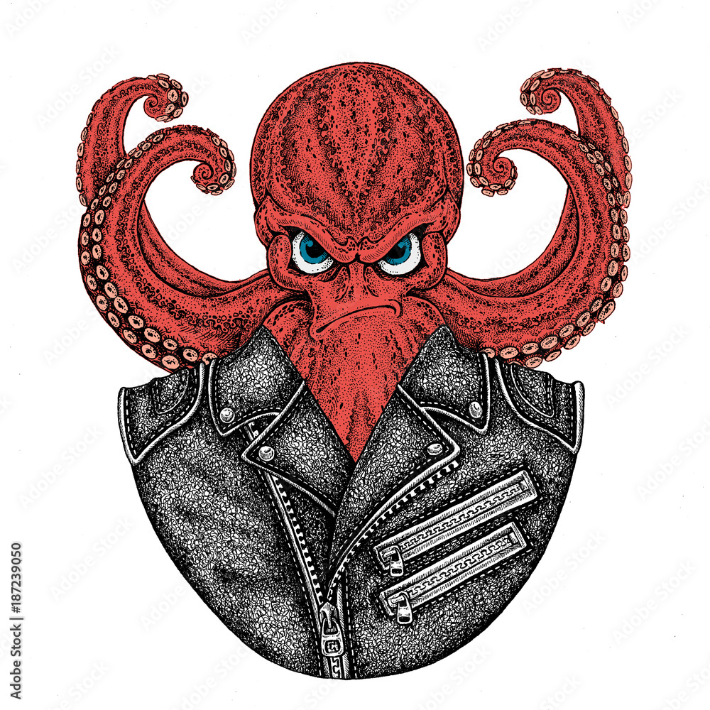 Octopus. Vintage cartoon character. Octopus wearing biker motorcycle ...