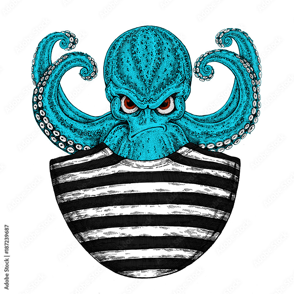 Octopus. Vintage cartoon character. Fantasy octopus sailor, navy ...