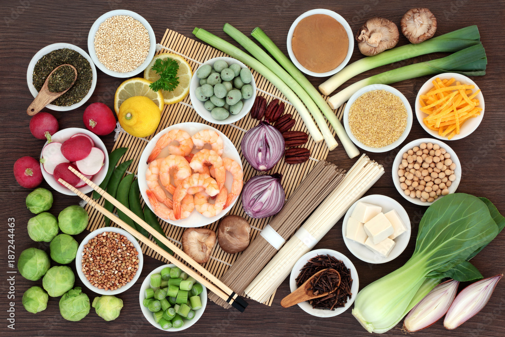 Japanese macrobiotic super food concept with tofu, soba and udon ...