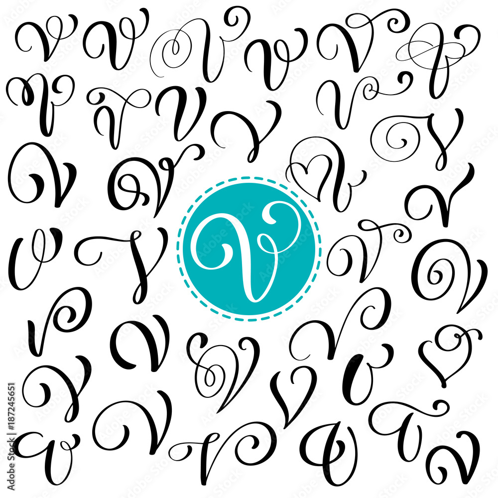 Vecteur Stock Set of Hand drawn vector calligraphy letter V. Script font. Isolated letters ...