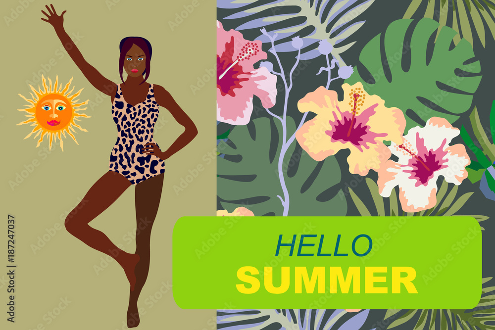 Hello summer card. Young black girl in bikini and tropical floral ...