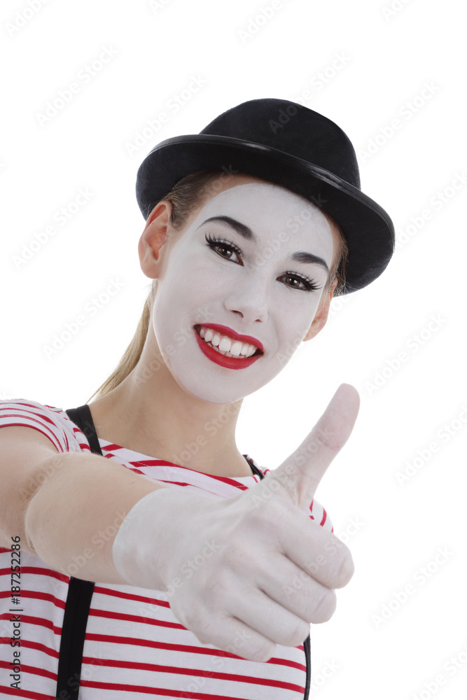 jeune fille mime maquillage blanc théâtre pouce levé foto de Stock ...