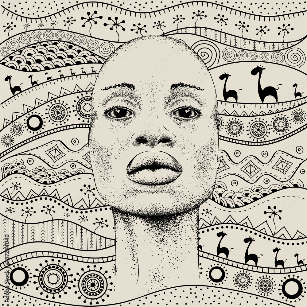African Girl with African hand draw ethno pattern, tribal background ...