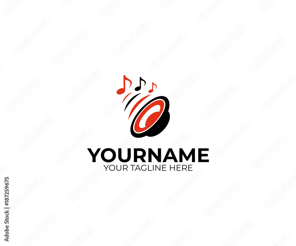Sound speaker and musical notes logo template. Woofer vector design ...