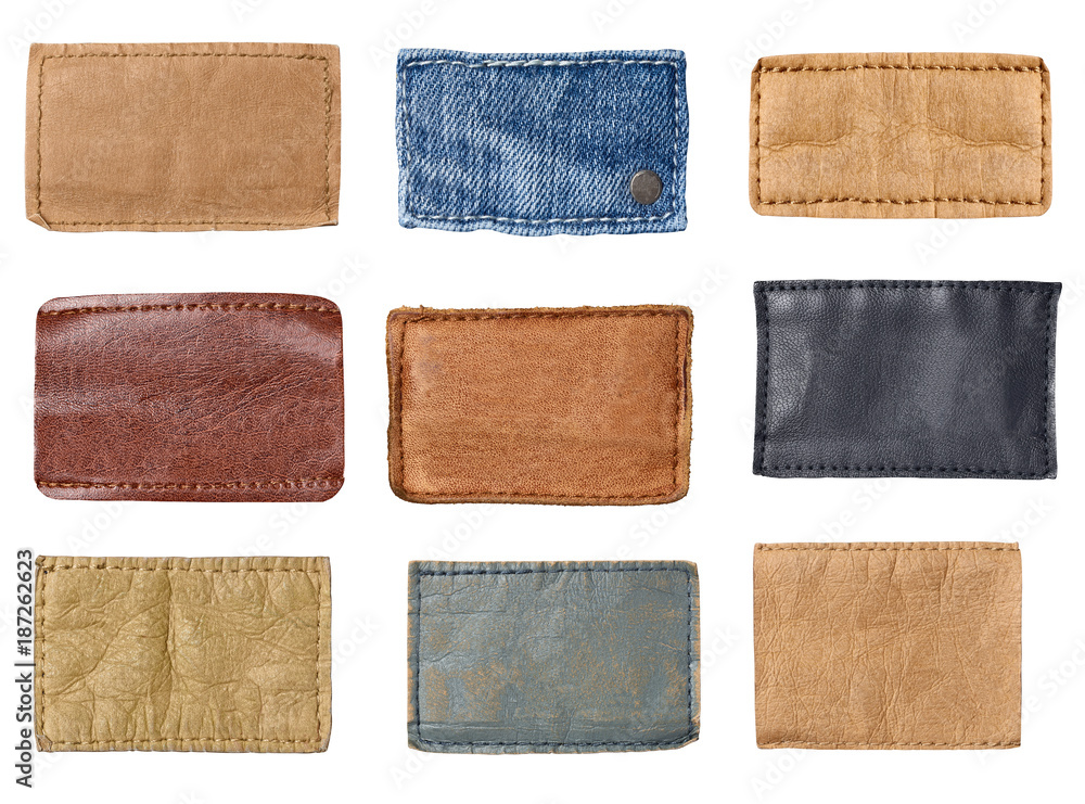 collection of various jeans labels on white background. each one is ...
