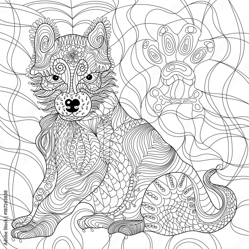 Dog anti stress vector coloring book for adult. Isolated ornament on ...
