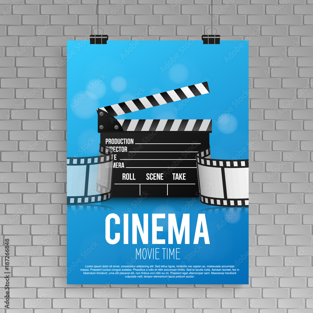 Realistic blue cinema poster in a frame with a picture hanging on a ...