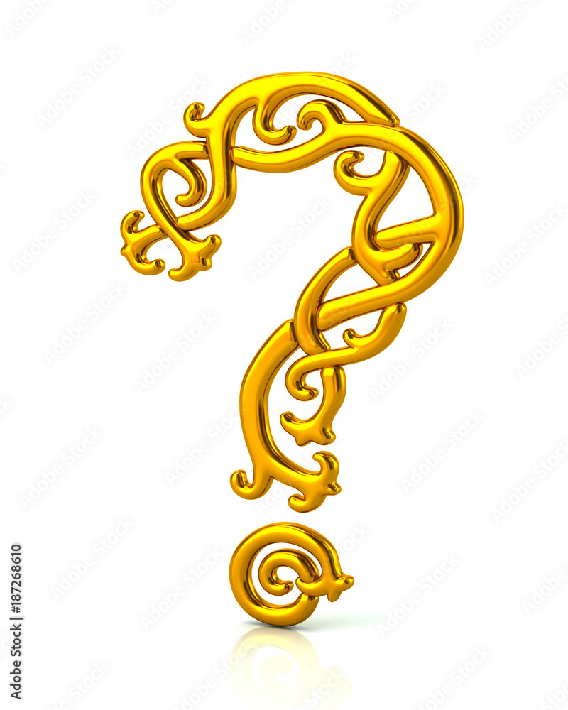 3d illustration of gold question mark Celtic knot style on white ...
