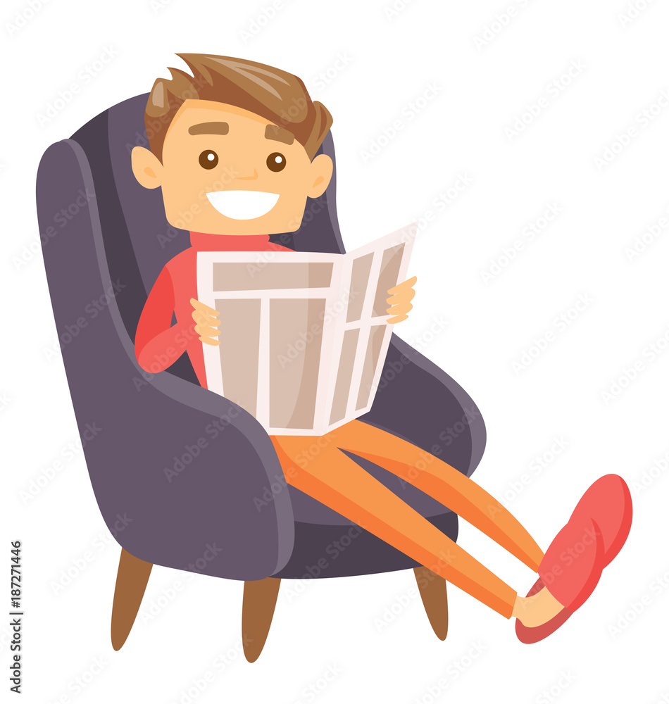 Young caucasian white cheerful man sitting in a comfortable armchair ...