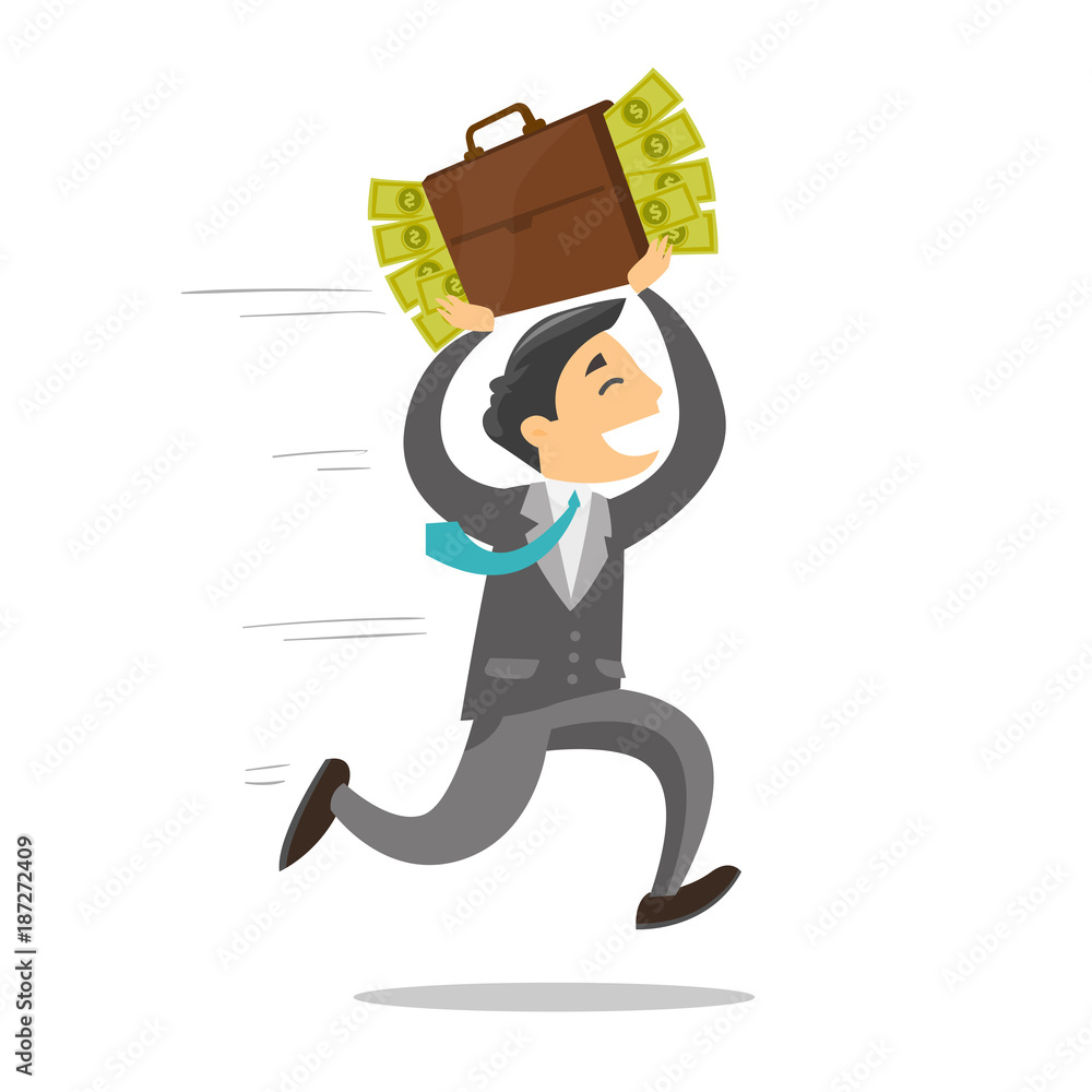 Young corrupt caucasian white businessman running with briefcase full ...