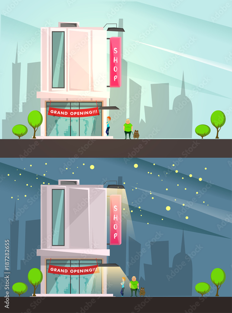 Fashion boutique building with grand opening symbols cartoon vector ...