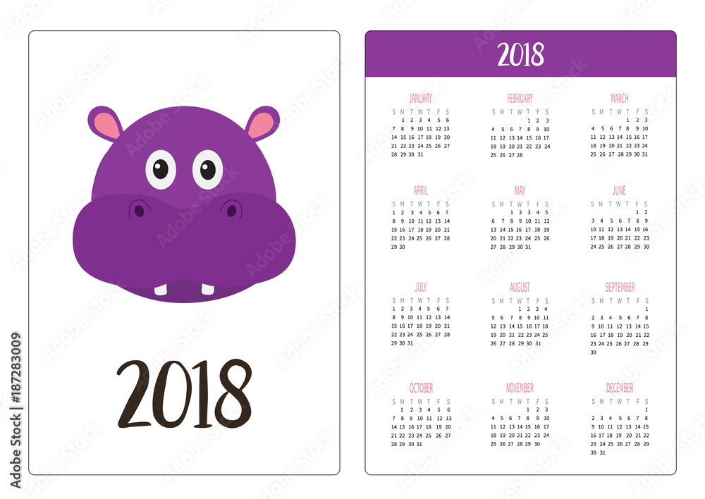 Pocket calendar 2018 year. Week starts Sunday. Hippopotamus head face ...