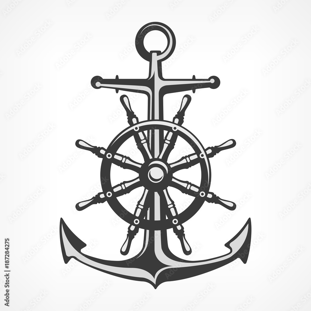 Anchor with steering wheel, nautical symbols on white, marine. Stock ...