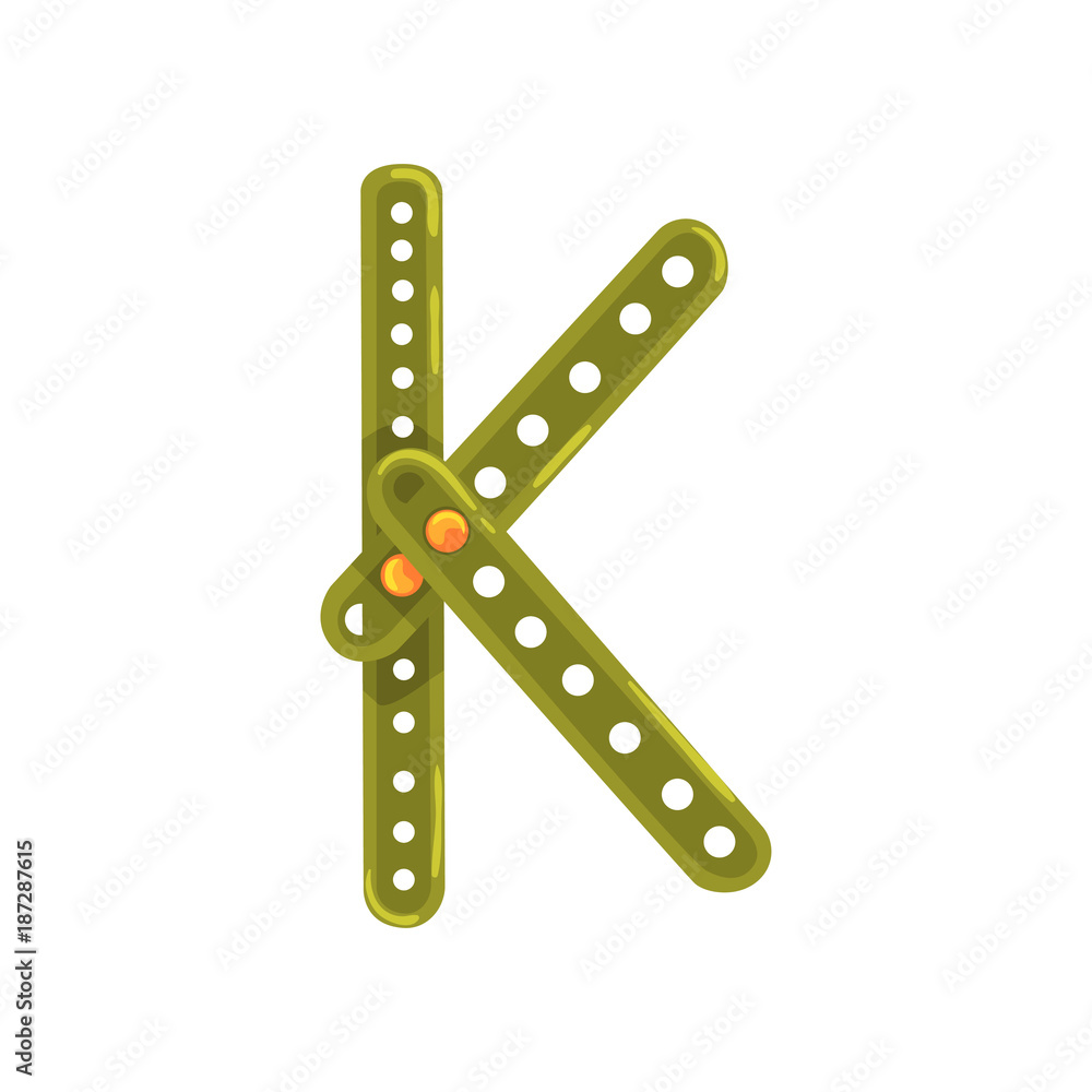 Letter K made of green metallic constructor. Cartoon character in flat ...