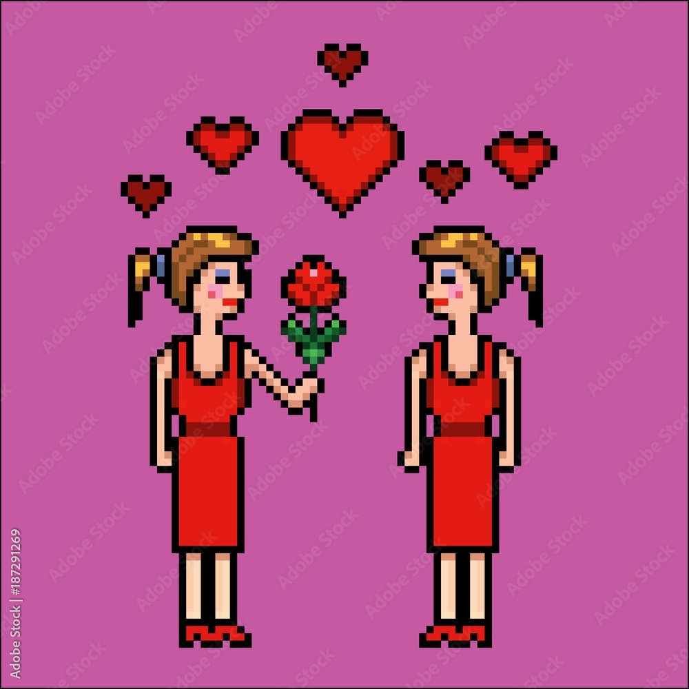Girl Gives Flower To Girlfriend Pixel Art Vector Illustration Stock