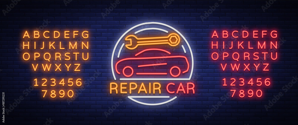 Car service repair logo vector, neon sign emblem. Vector illustration ...