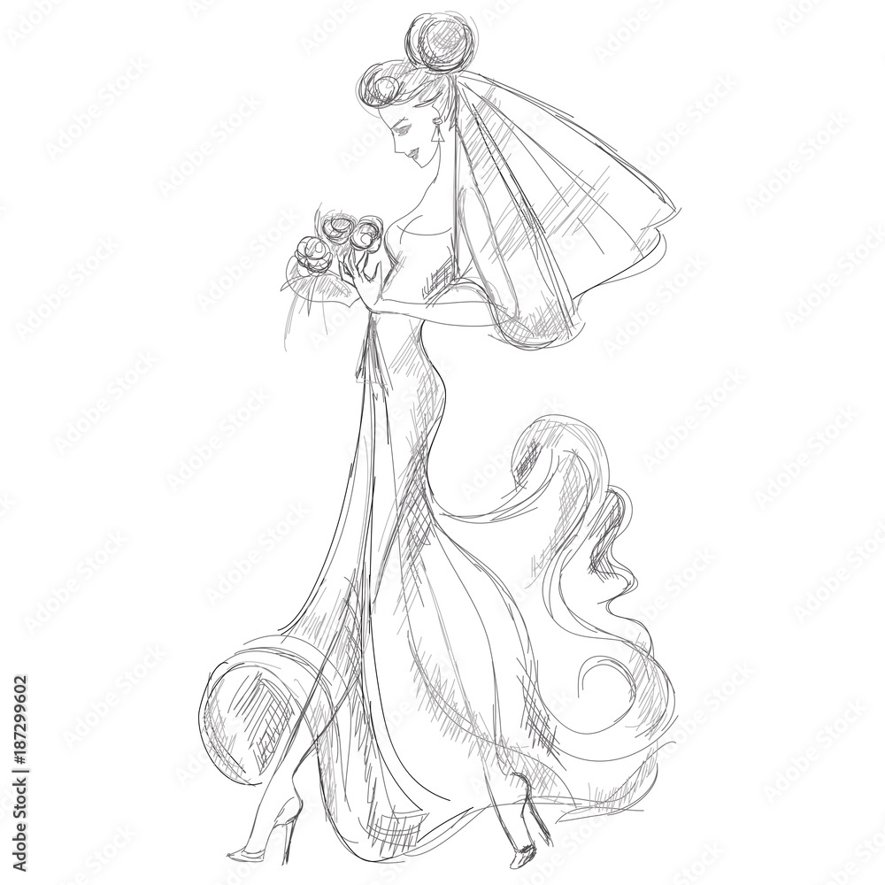 Beautiful bride sketch style hand drawn vector illustration Stock ...