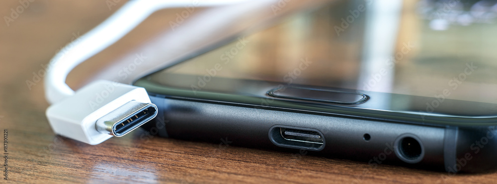 New fast USB Type-C port on mobile phone and cable close-up, border ...