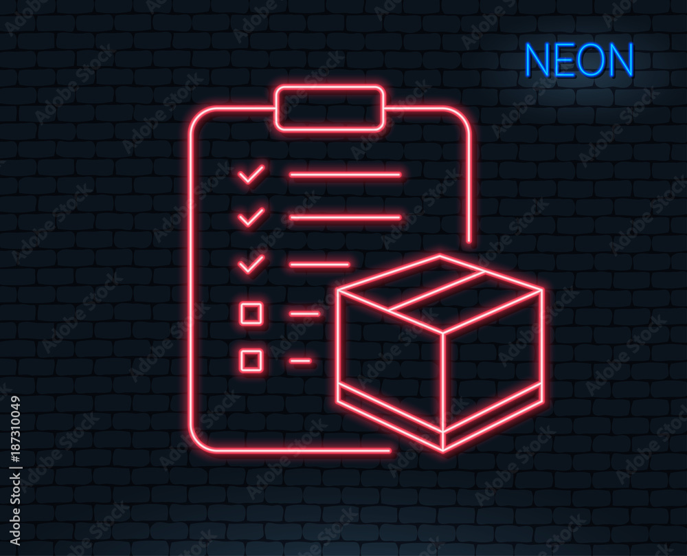 Neon light. Parcel checklist line icon. Logistics check sign. Package ...