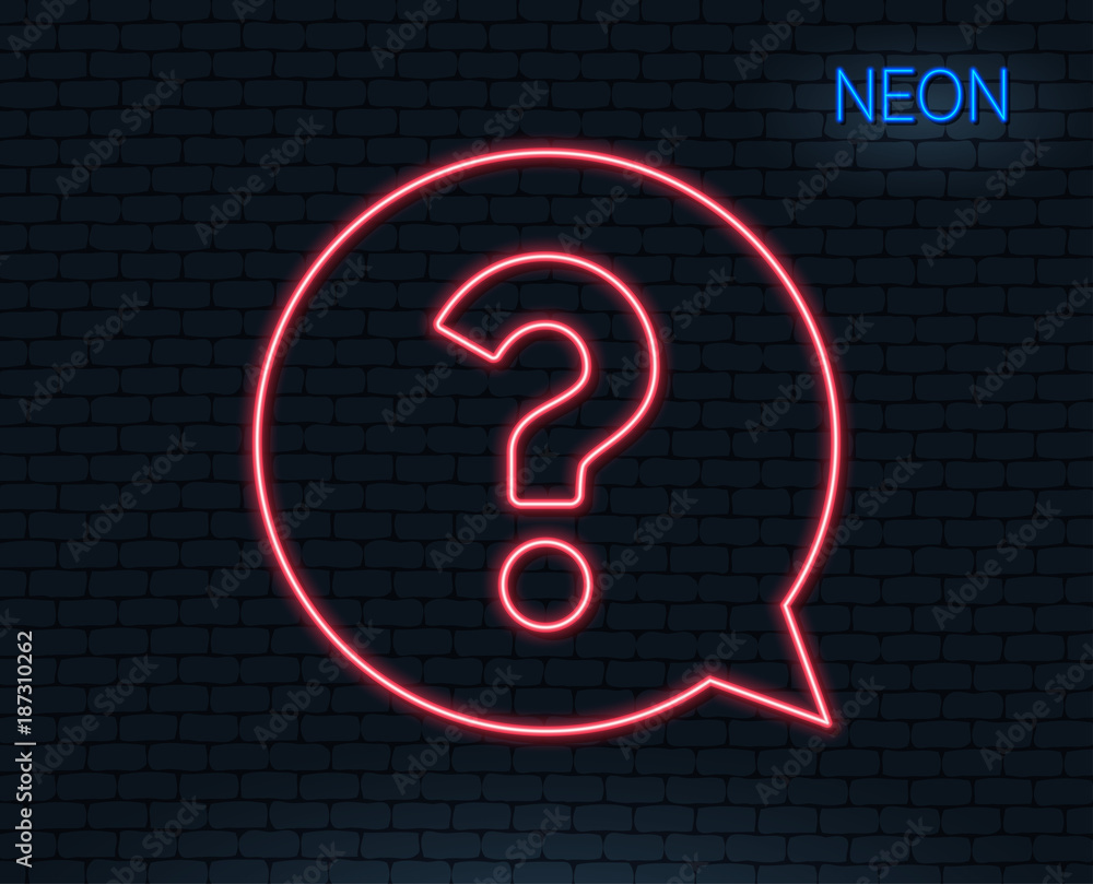Neon light. Question mark line icon. Help speech bubble sign. FAQ ...