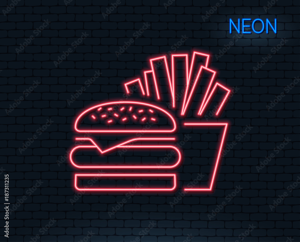 Neon light. Burger with fries line icon. Fast food restaurant sign ...
