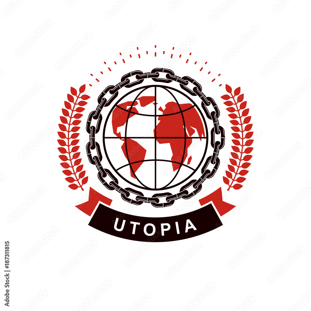 Vector emblem composed using Earth globe surrounded with iron chain and ...