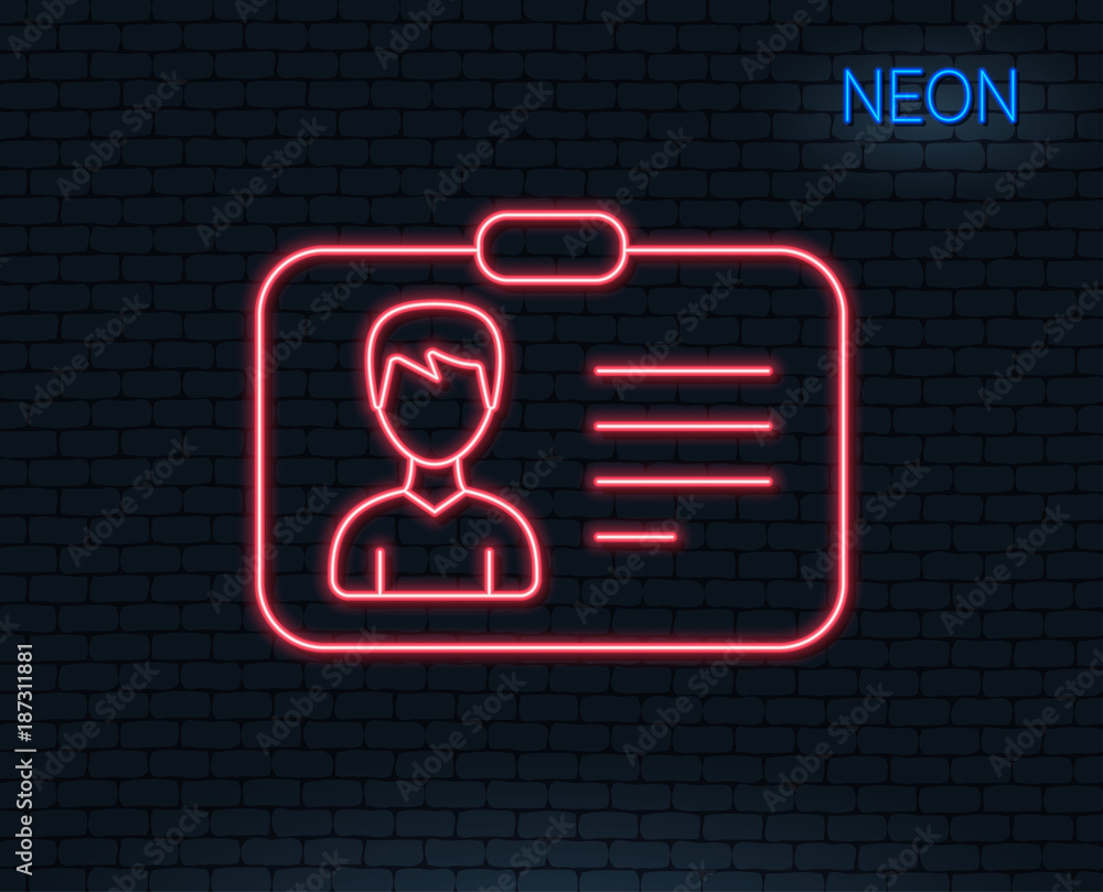 Neon light. ID card line icon. User Profile sign. Male Person ...