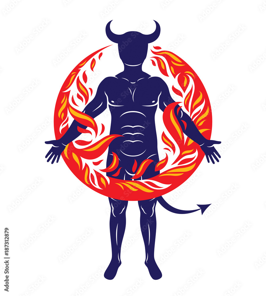 Athletic horned man surrounded by a fireball. Vector illustration of ...