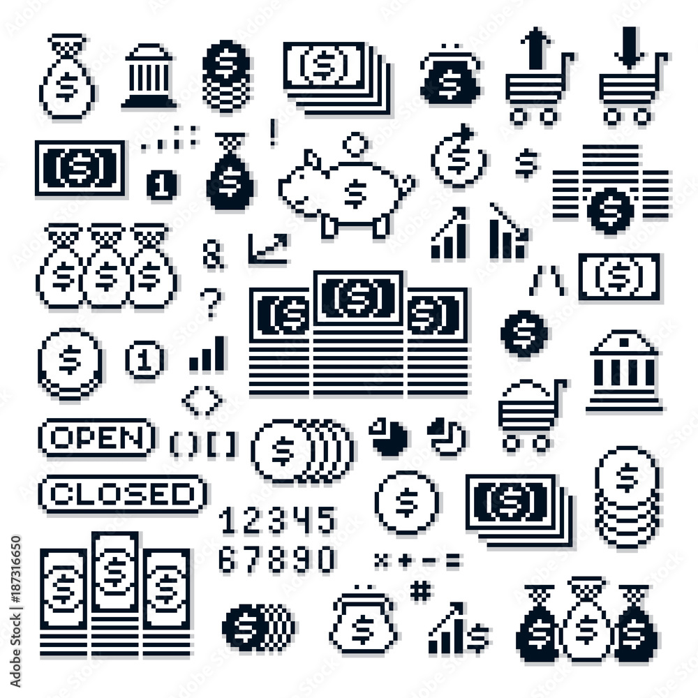 Set of vector retro signs made in pixel art style. Economics and ...