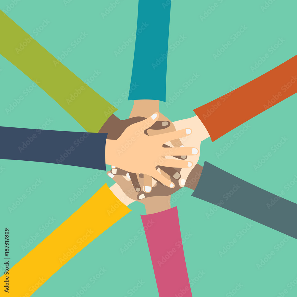 Teamwork concept. Friends with stack of hands showing unity and ...