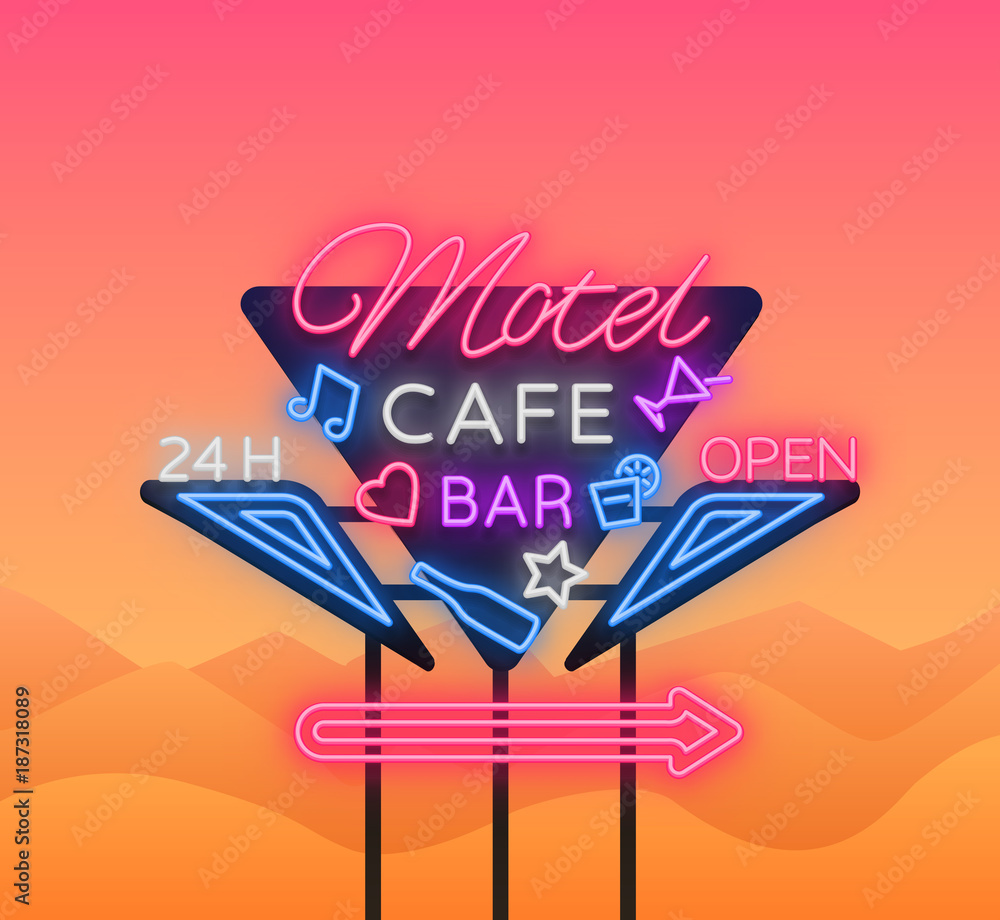 Motel is a light billboard. Neon signboard with Motel advertisement ...