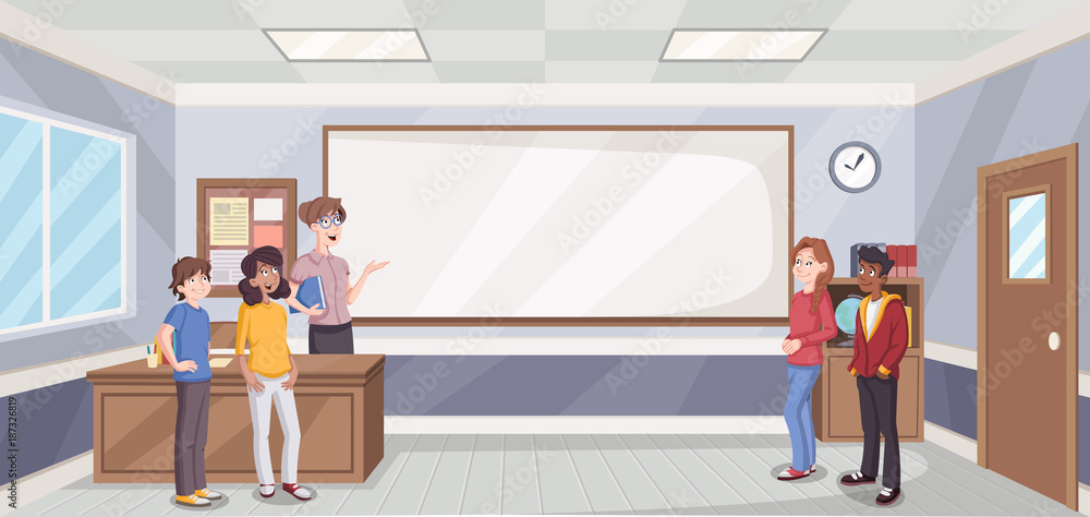 Cartoon students in classroom with teacher. School building. Stock ...