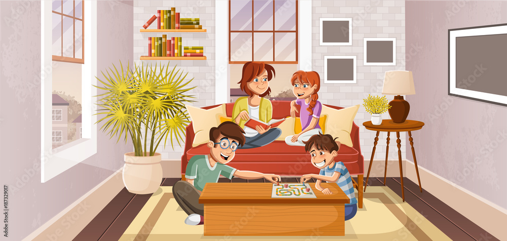 Happy cartoon family in the living room. Stock Vector | Adobe Stock